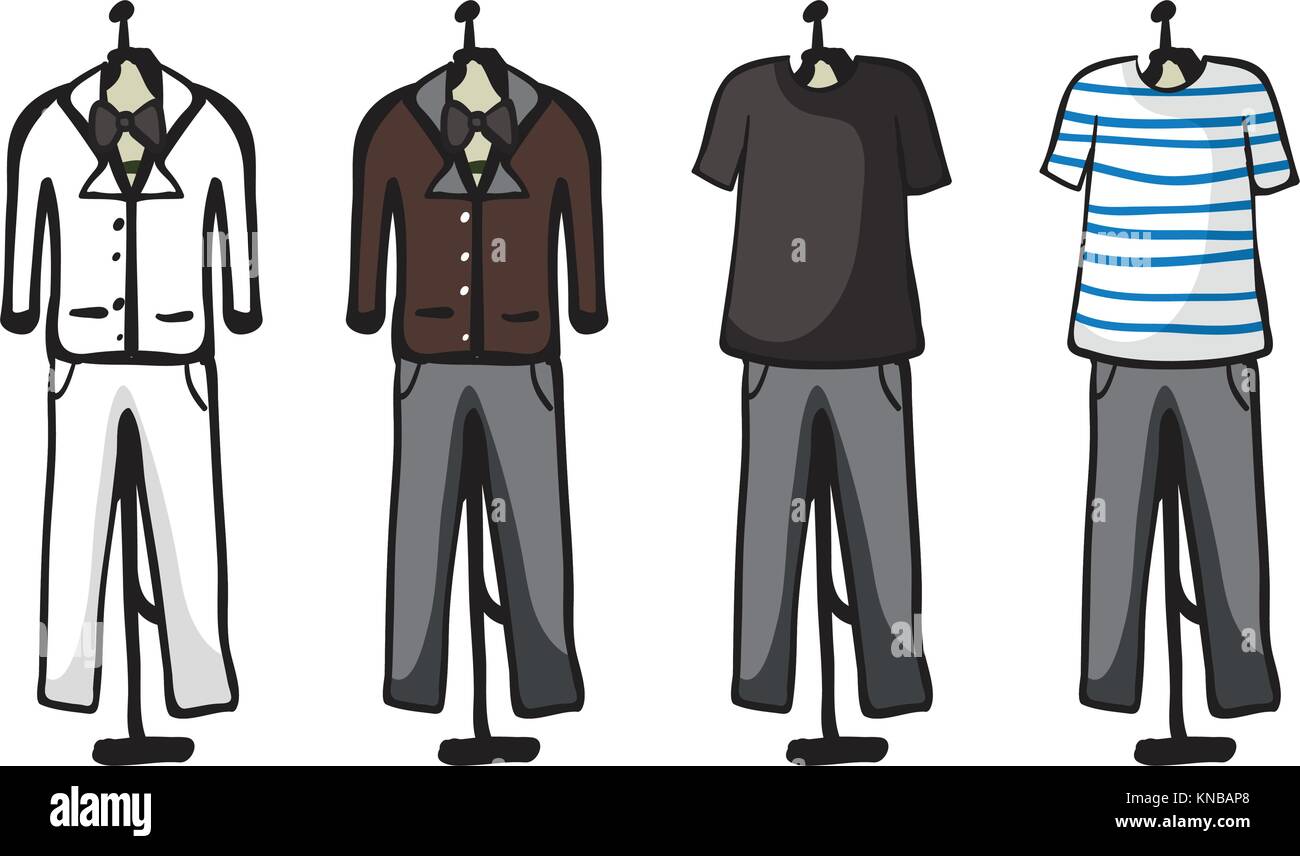 Illustration of display of various garments of male on a white ...