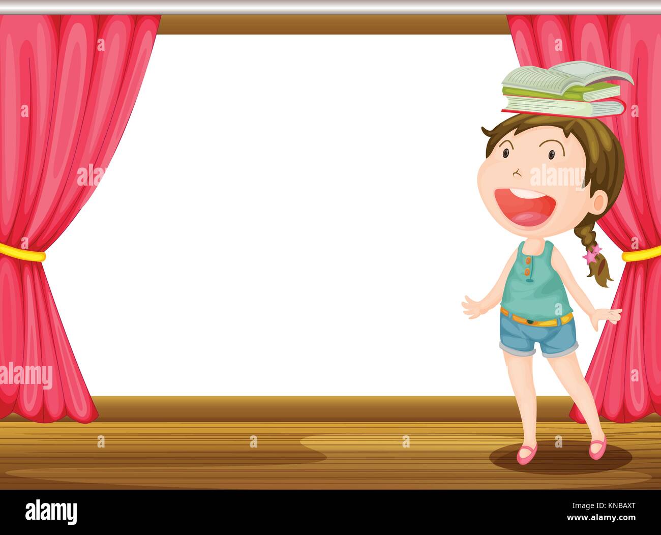 Illustration of a smiling girl with books on head on the stage Stock ...