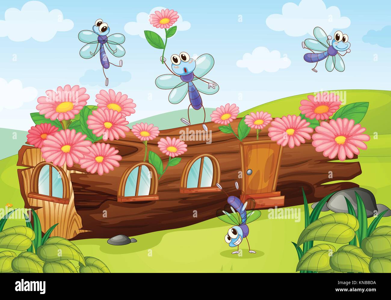 Illustration of flies and a wood house on a white background Stock ...