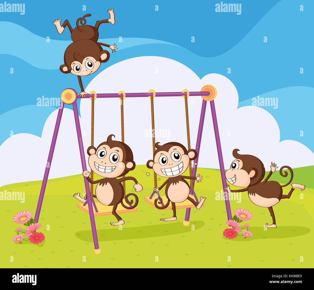 Illustration of monkeys playing on swing in a beautiful nature Stock ...