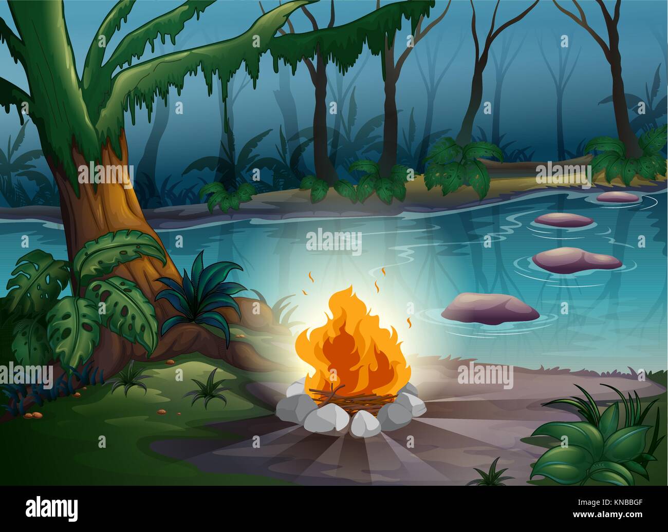 illustration of a camp fire in a beautiful nature Stock Vector Image ...