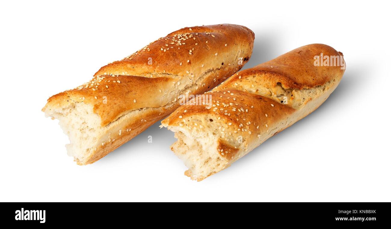 Two pieces of French baguette beside isolated on white background Stock ...