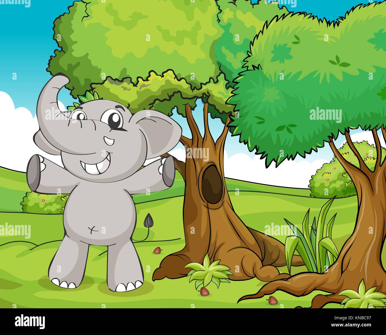 Illustration of an elephant and trees on a colorful environment Stock ...