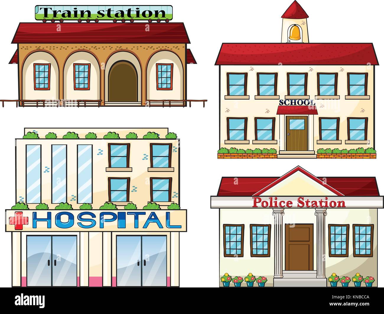 Illustration of a train station, a school, a police station and a ...