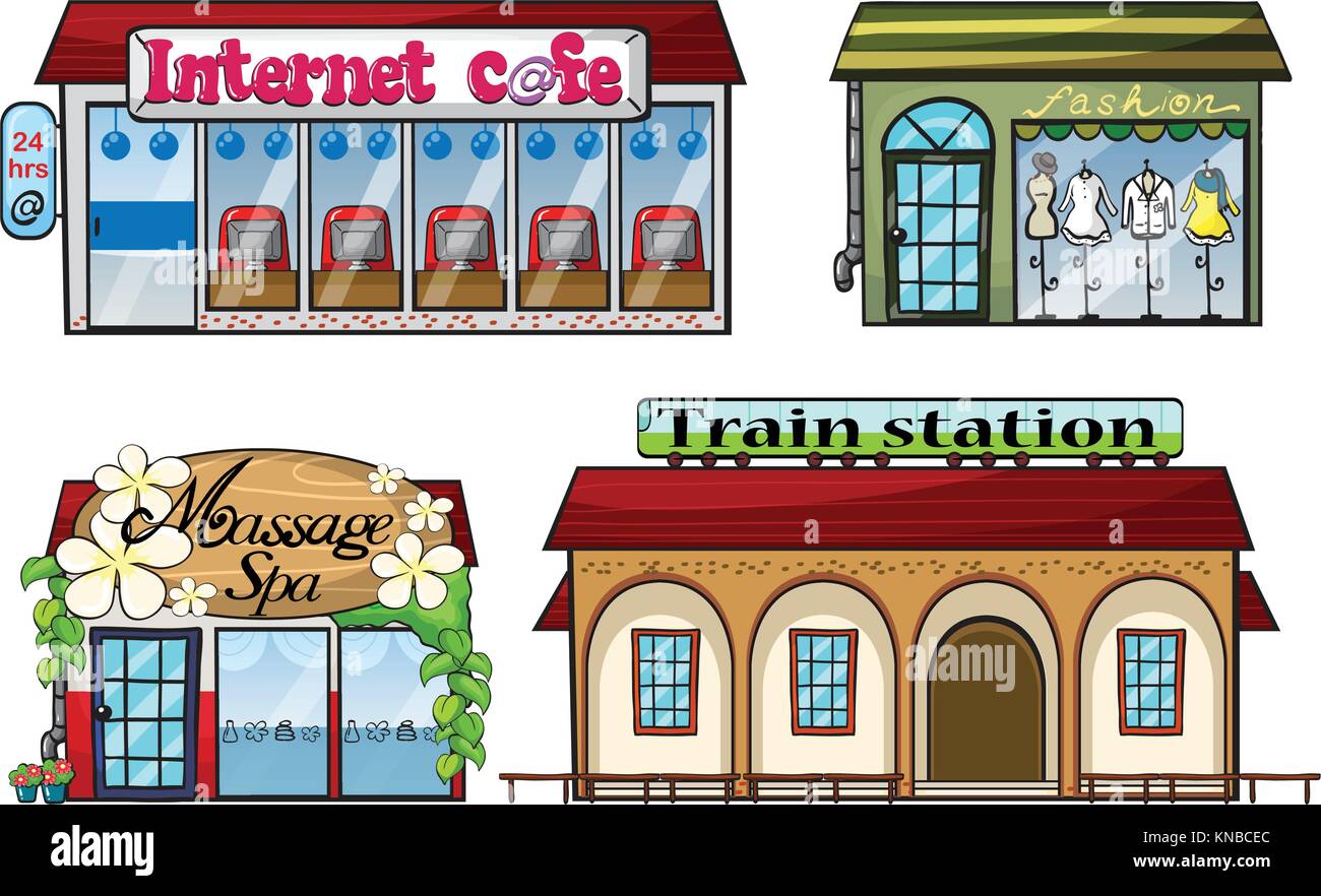 Illustration of various shops and a train station on a white background ...