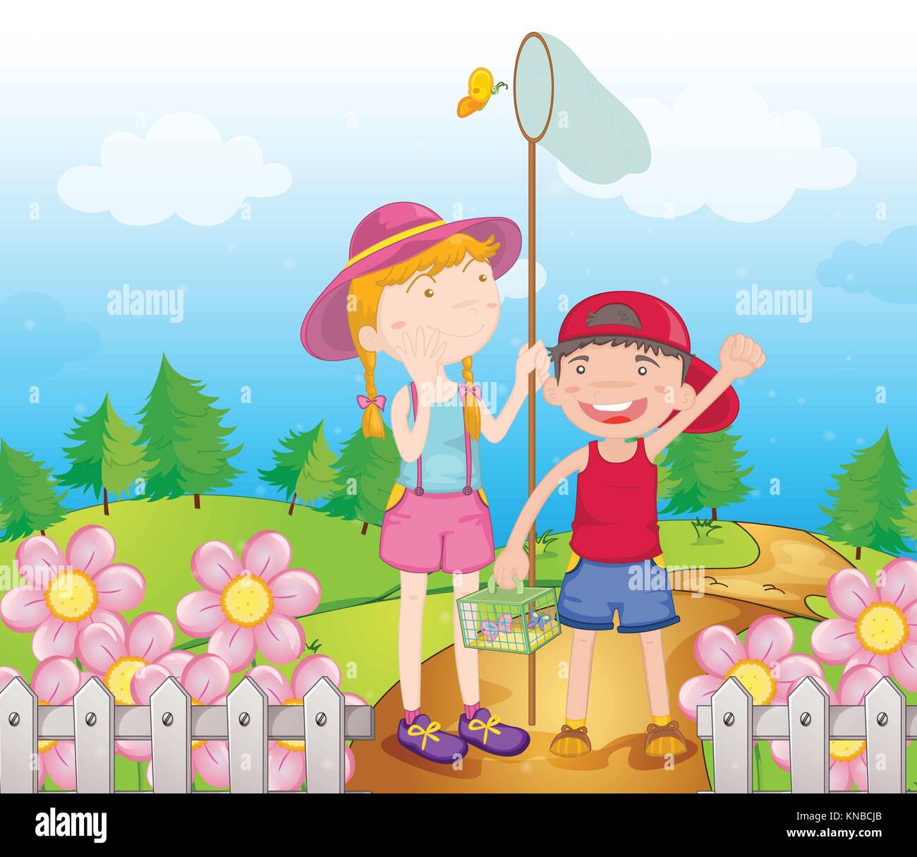 Illustration of kids catching butterflies in the garden Stock Vector ...