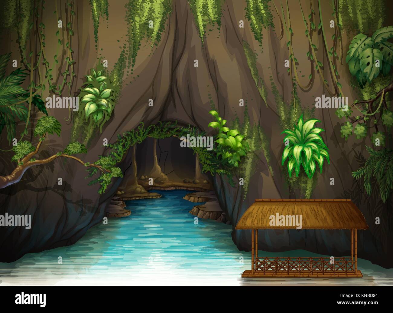 Illustration of a cave, a water and a wooden shade in a beautiful ...