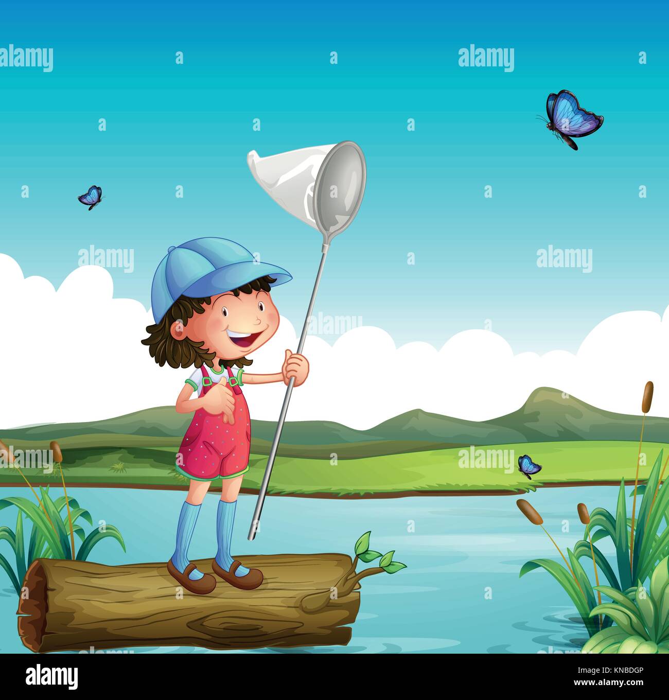 Illustration of a girl catching butterfly and a river Stock Vector ...