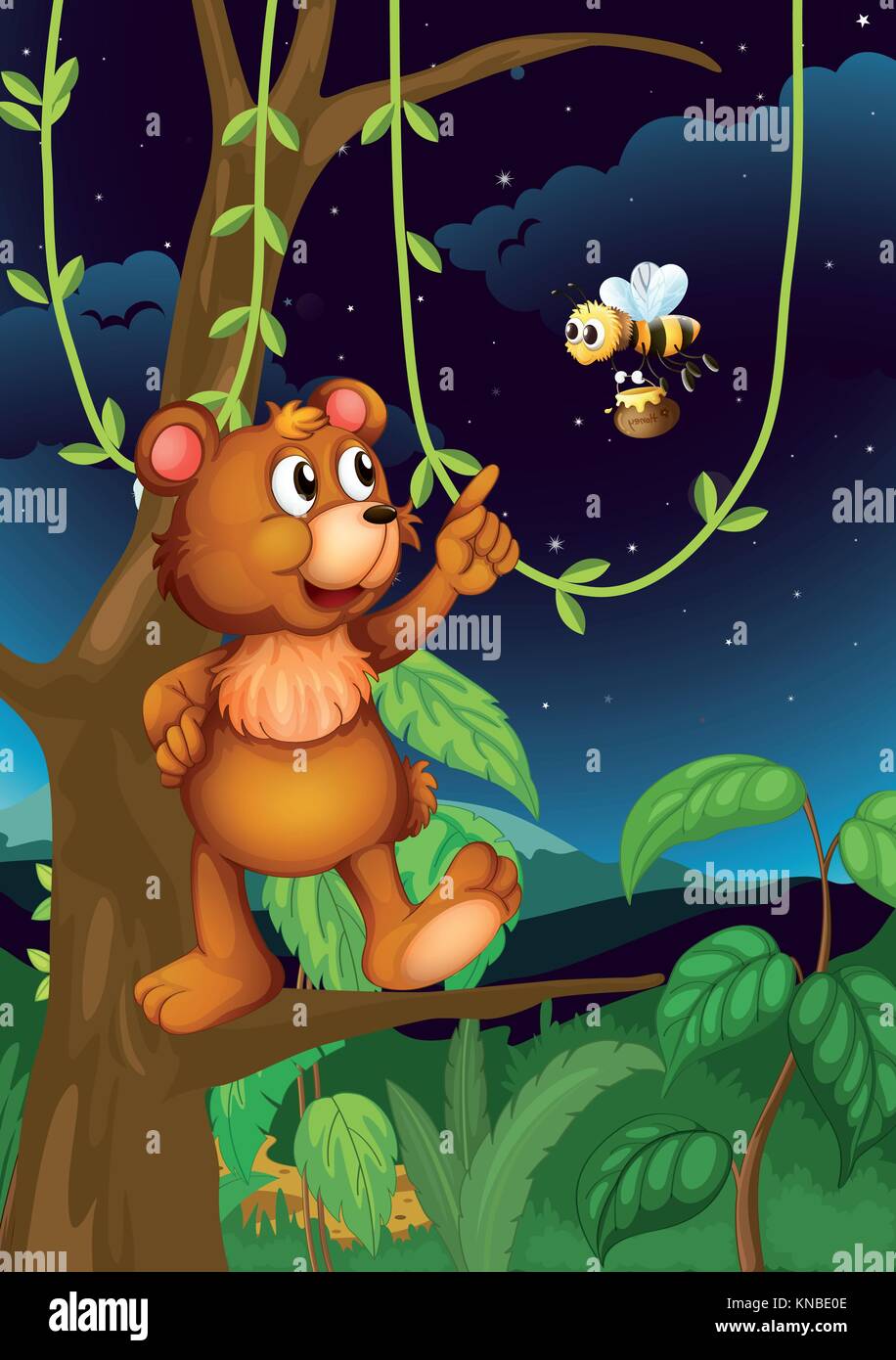 Illustration of a bear on a tree and a flying bee Stock Vector Image ...