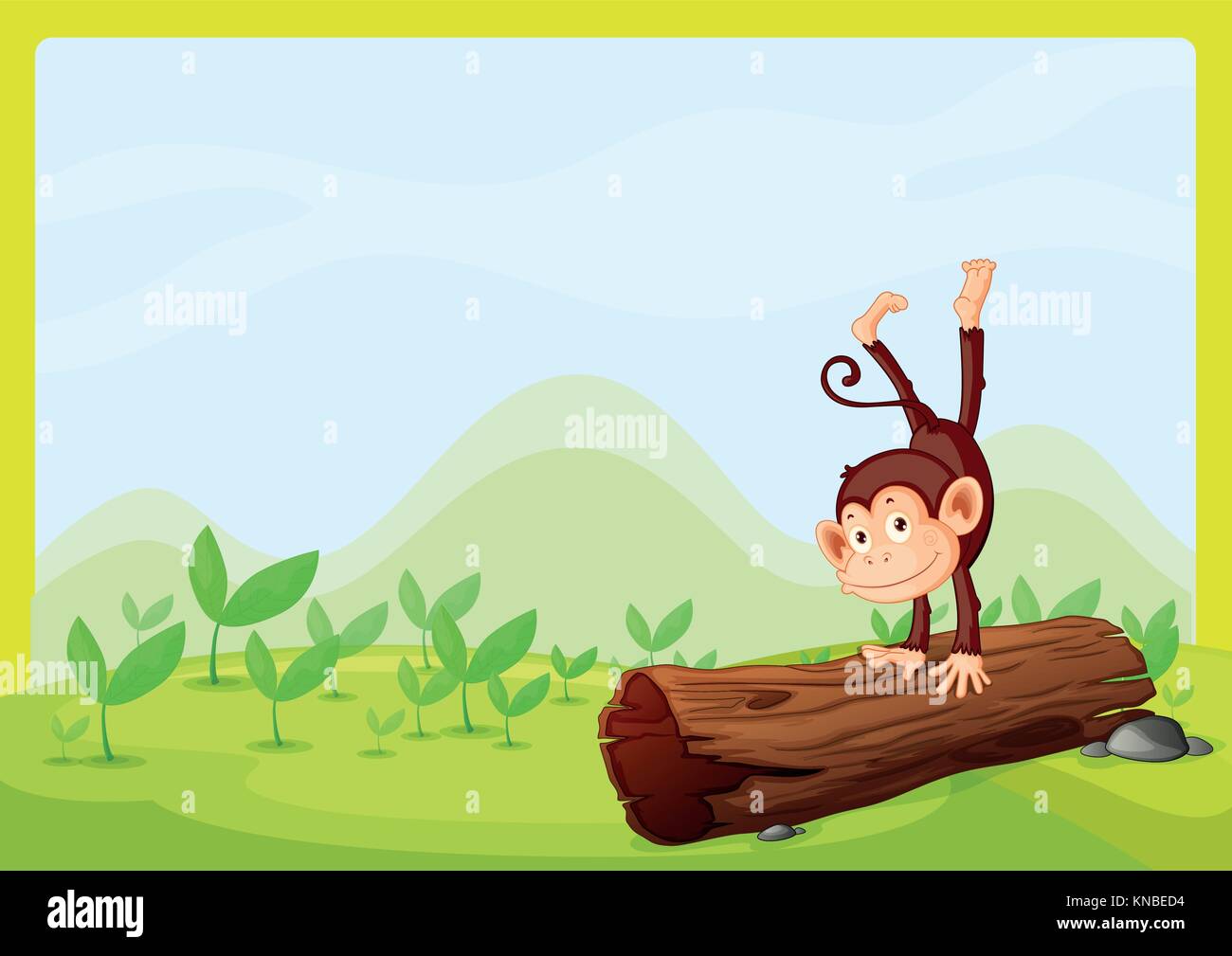 Illustration of a monkey playing on a wood in a green nature Stock ...
