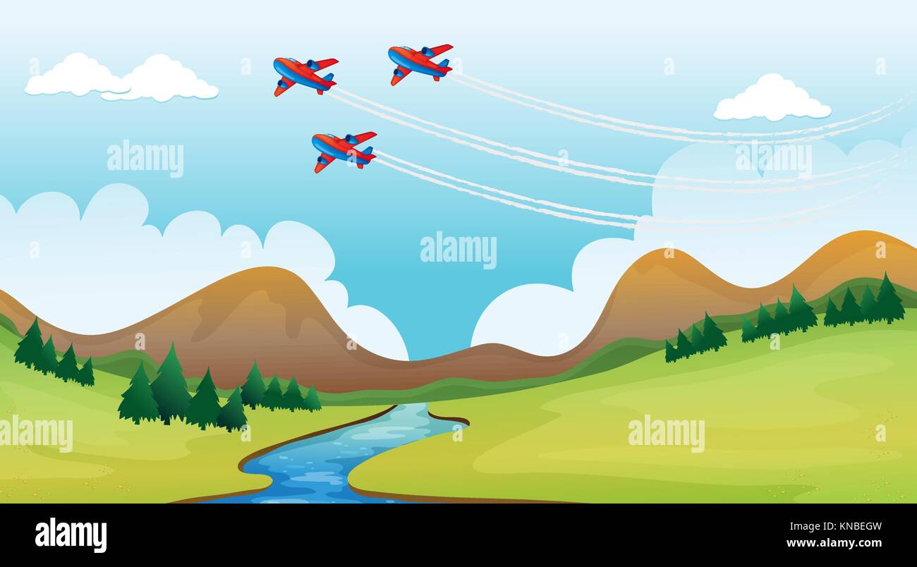 Illustration of flying airplains and a beautiful landscape Stock Vector ...
