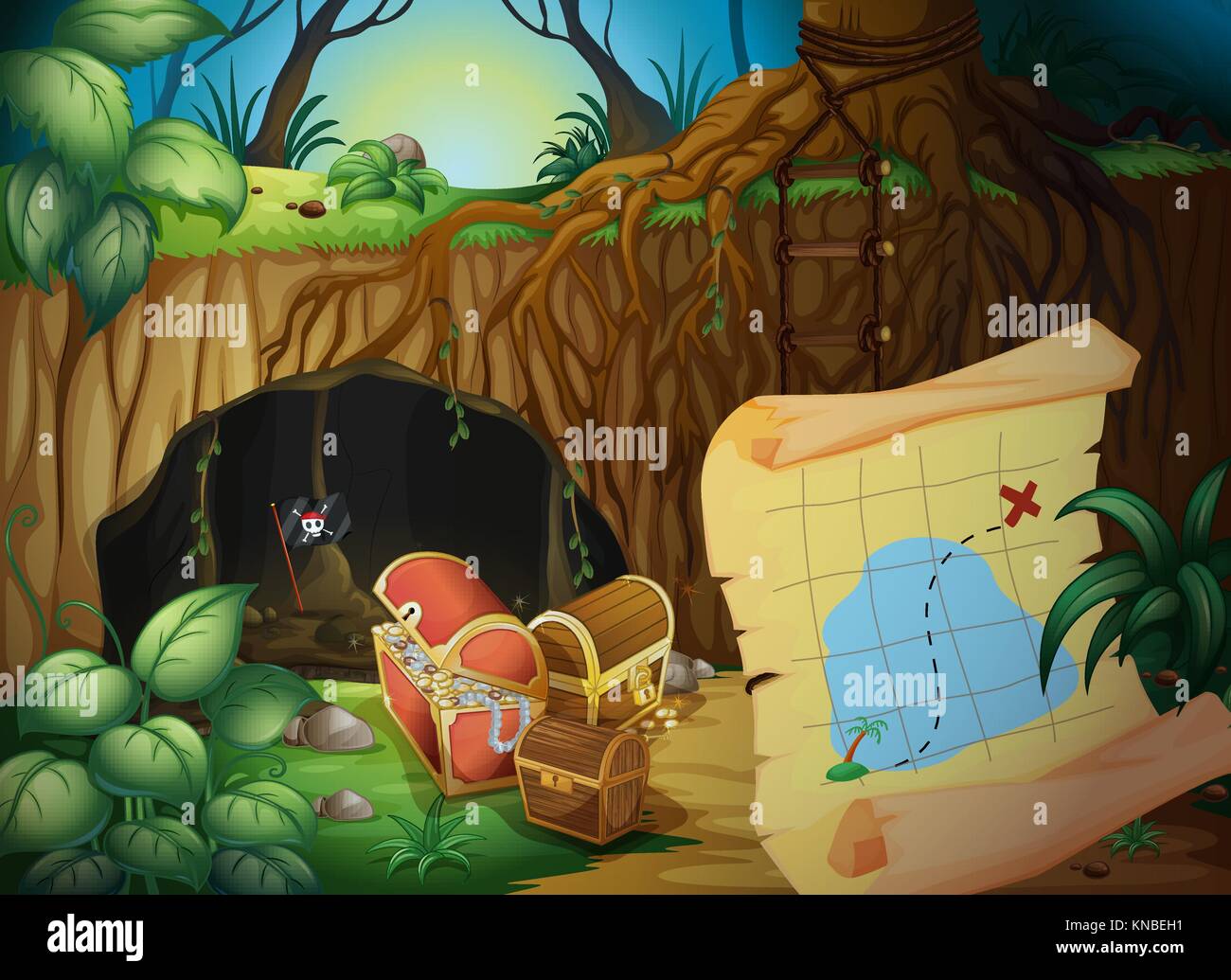 Illustration of a cave, a treasure chest and a map in a beautiful ...