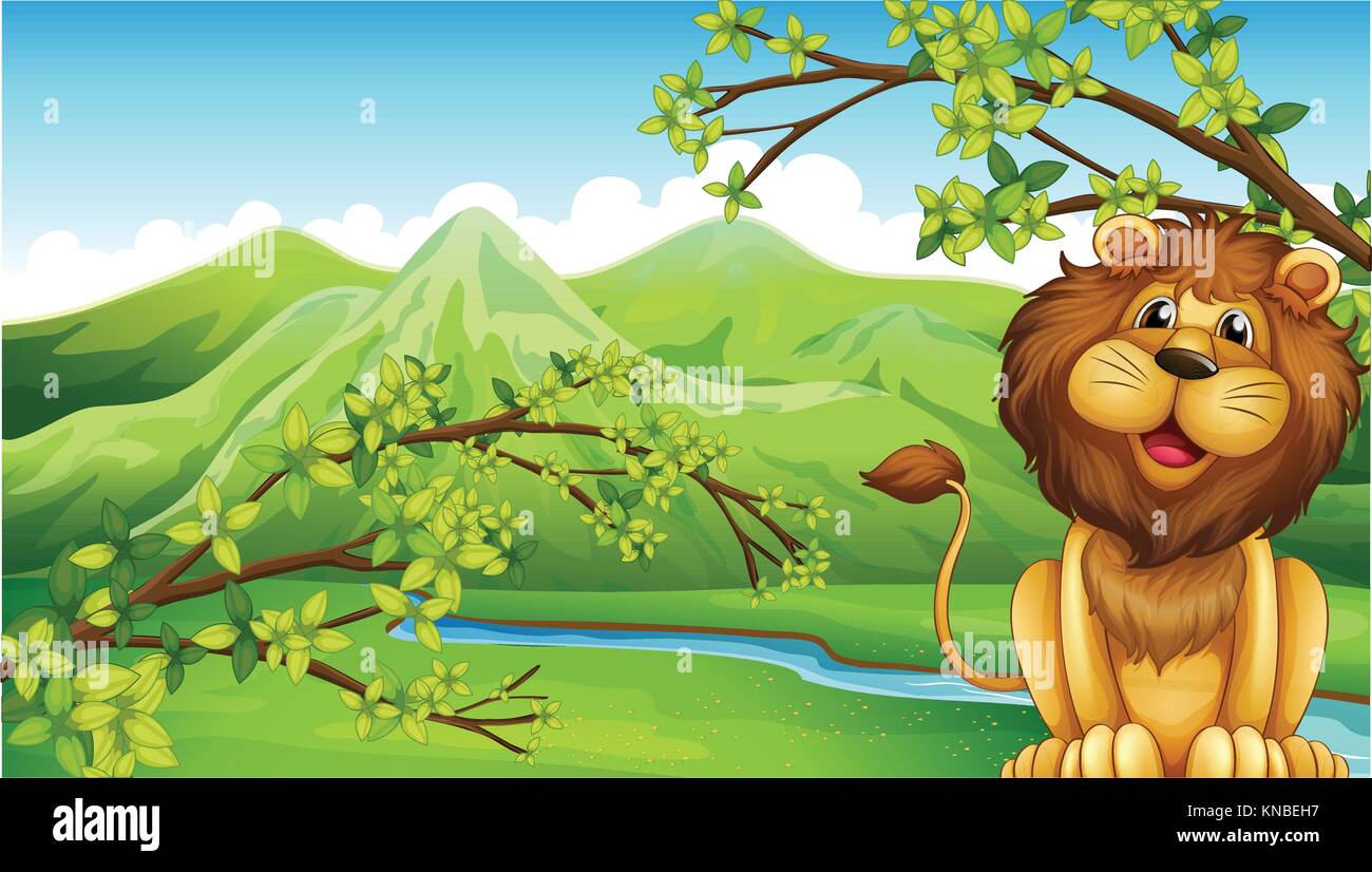 Illustration of a lion and a mountain in a forest Stock Vector Image ...