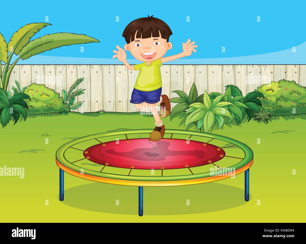 Illustration of a boy jumoing on a trampoline in a beautiful garden ...