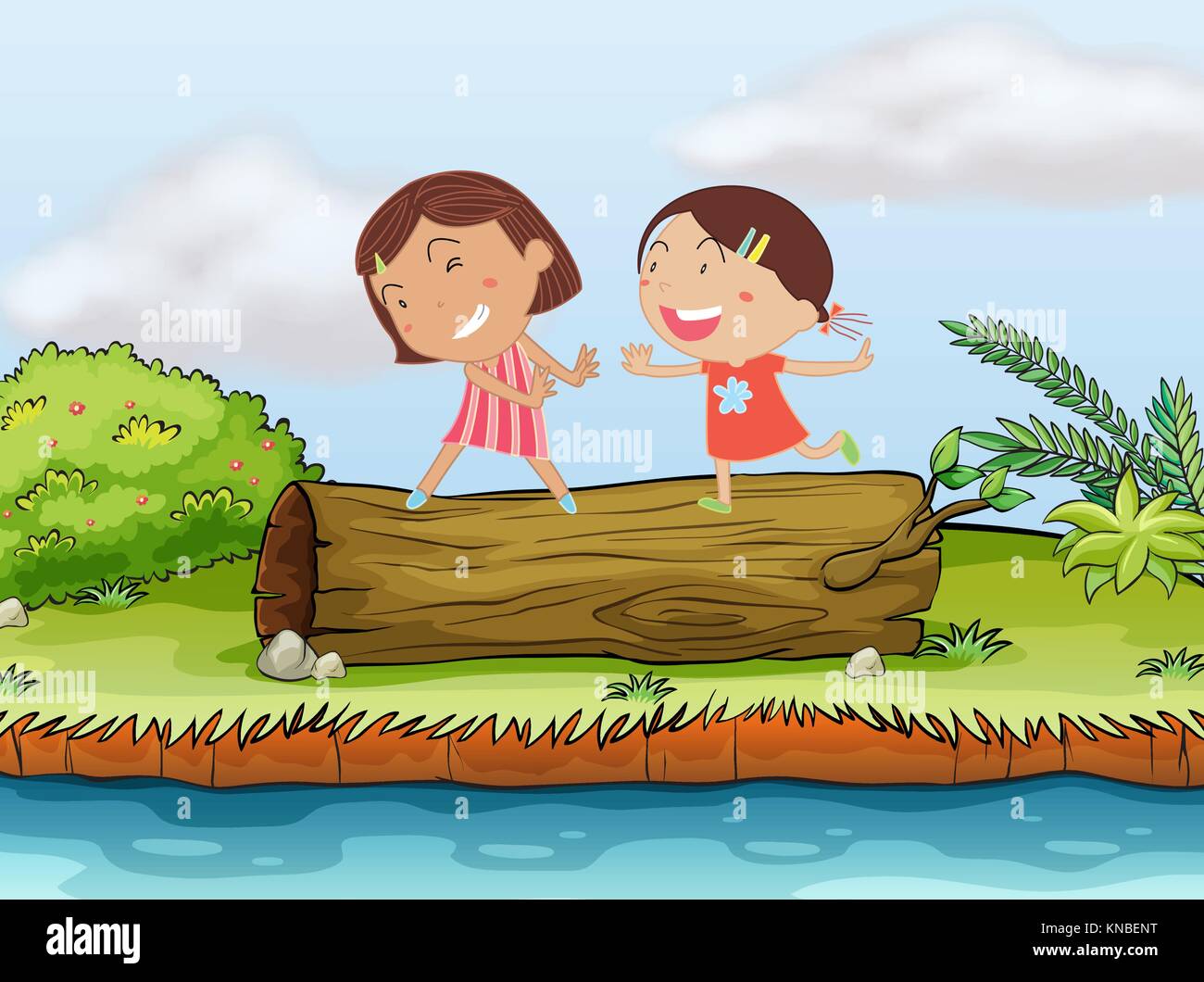 Illustration of two children playing on top of a log.l Stock Vector ...