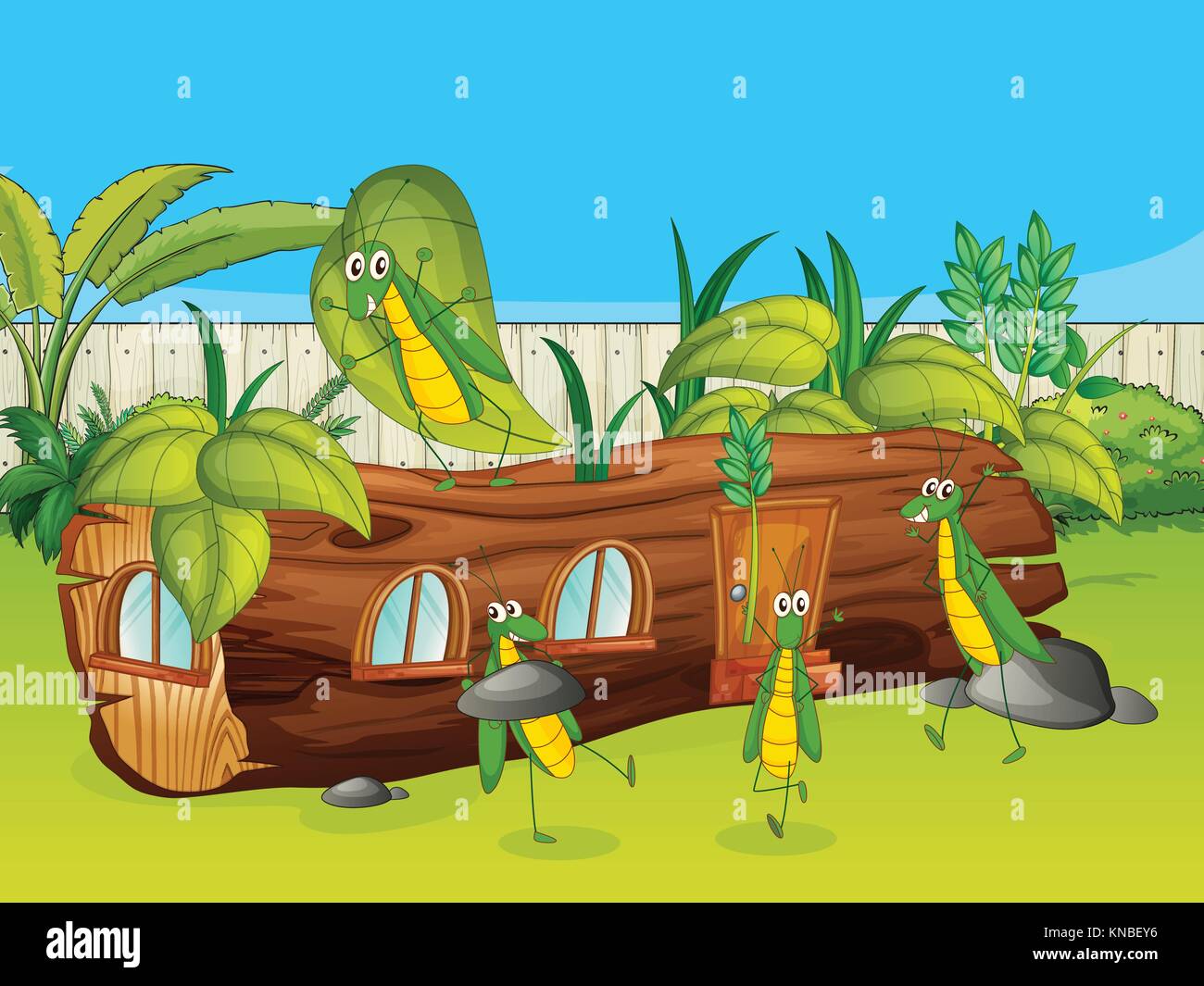 Illustration of a wood house and grasshoppers in a beautiful nature ...