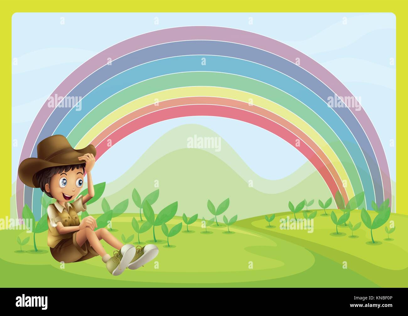 Illustration of a boy sitting and rainbow as background Stock Vector ...