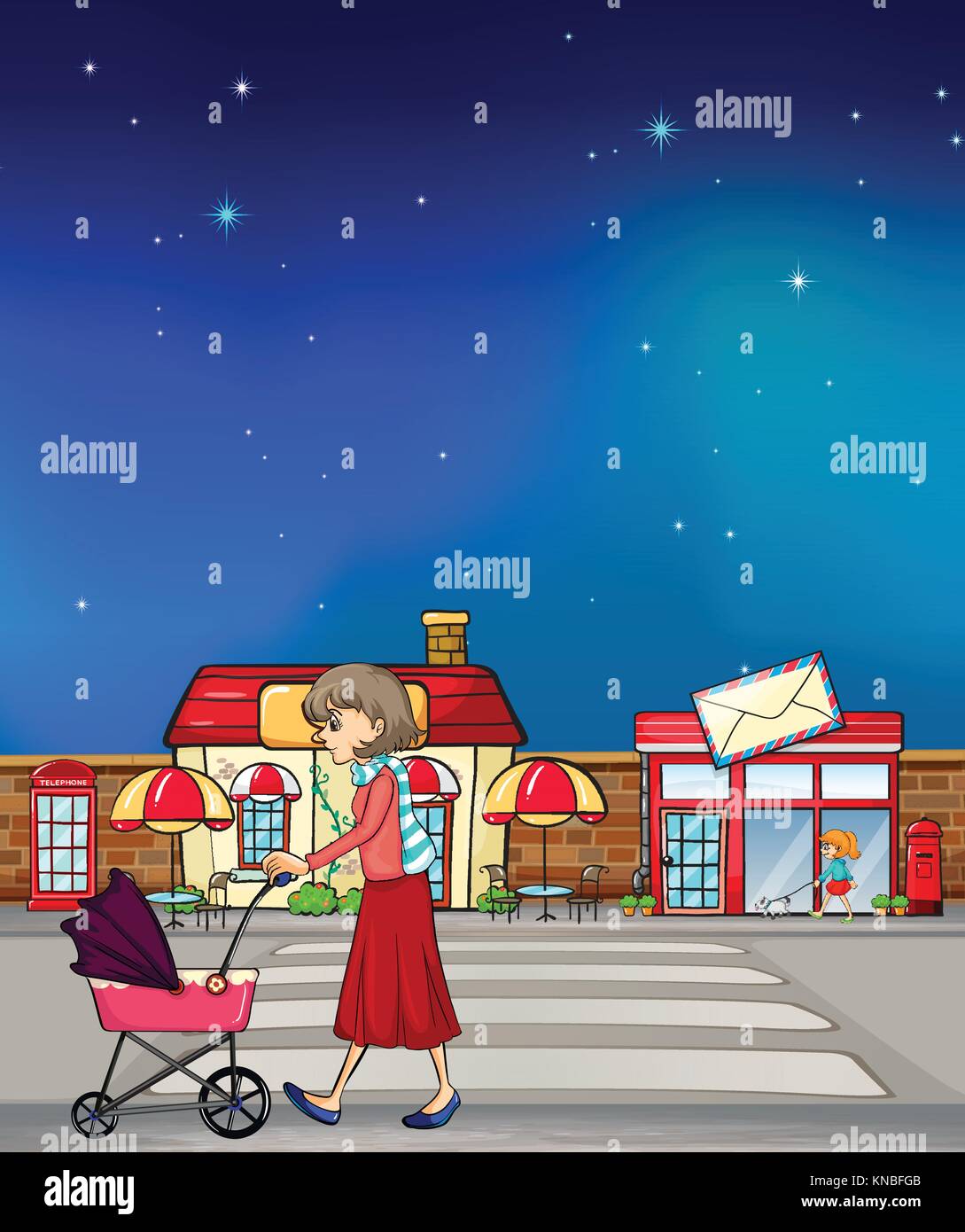 Illustration of a woman walking along the road with a pink pushcart ...