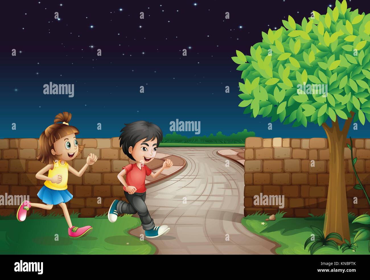 Illustration of a running boy and a girl in a dark night Stock Vector ...