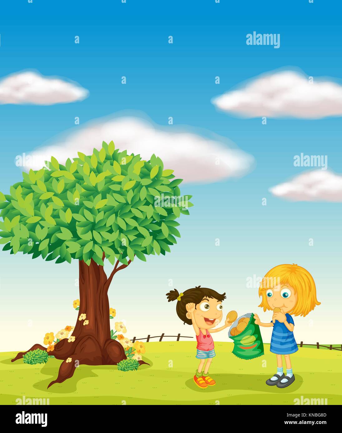 Illustration of girls eating biscuits in a beautiful nature Stock ...