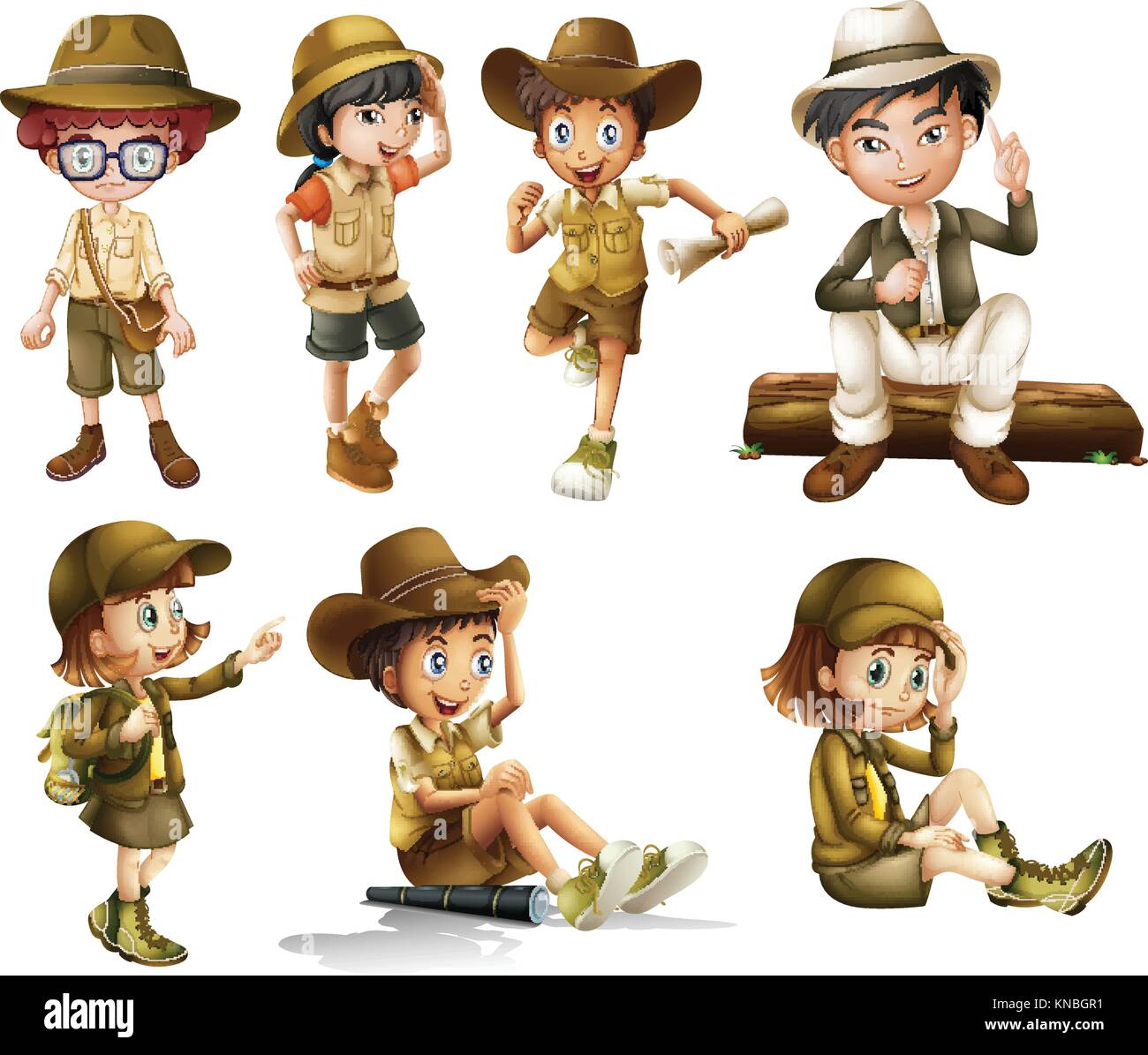 Illustration of boys and girls in safari costume on a white background ...