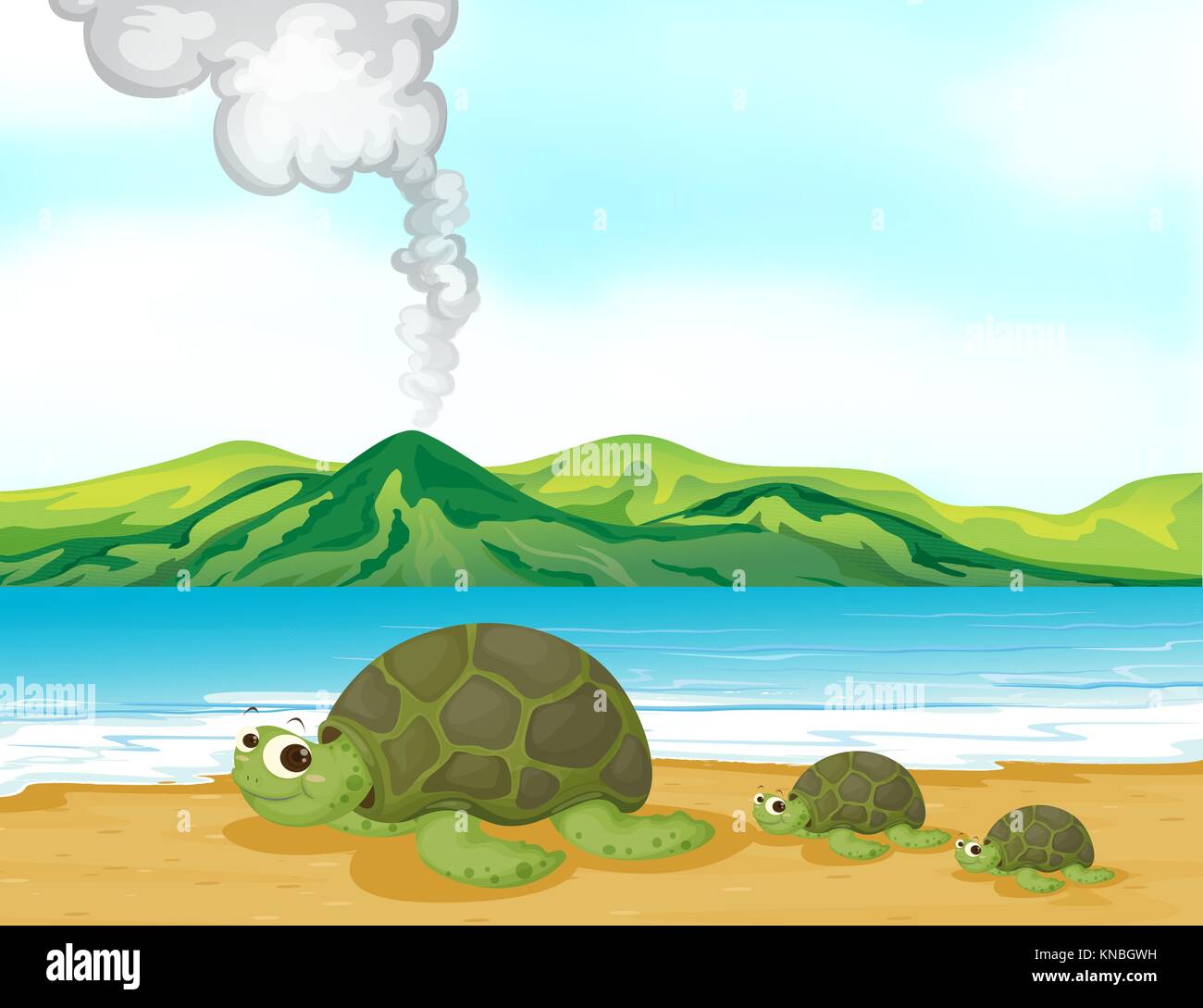 Illustration of a volcano beach and turtles Stock Vector Image & Art ...