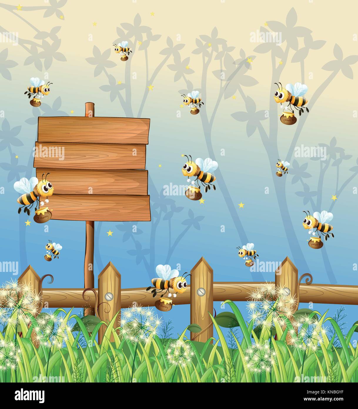 Illustration of bees in the forest with an empty signboard Stock Vector ...