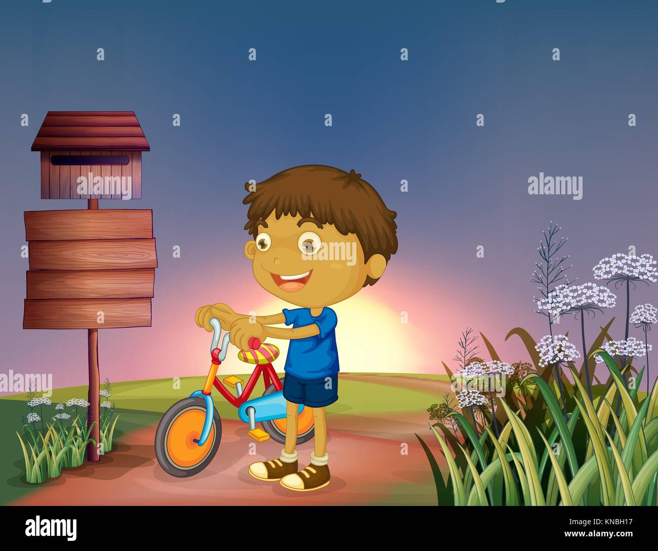 Illustration of a smiling boy and sunset Stock Vector Image & Art - Alamy