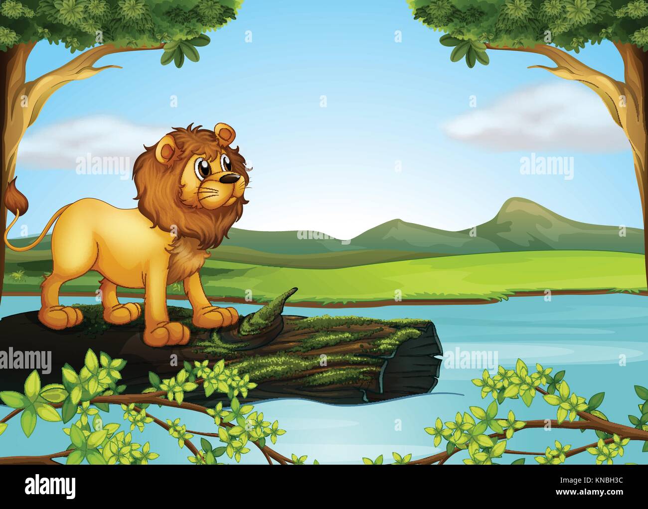 Illustration of a lion above a trunk with algae Stock Vector Image ...