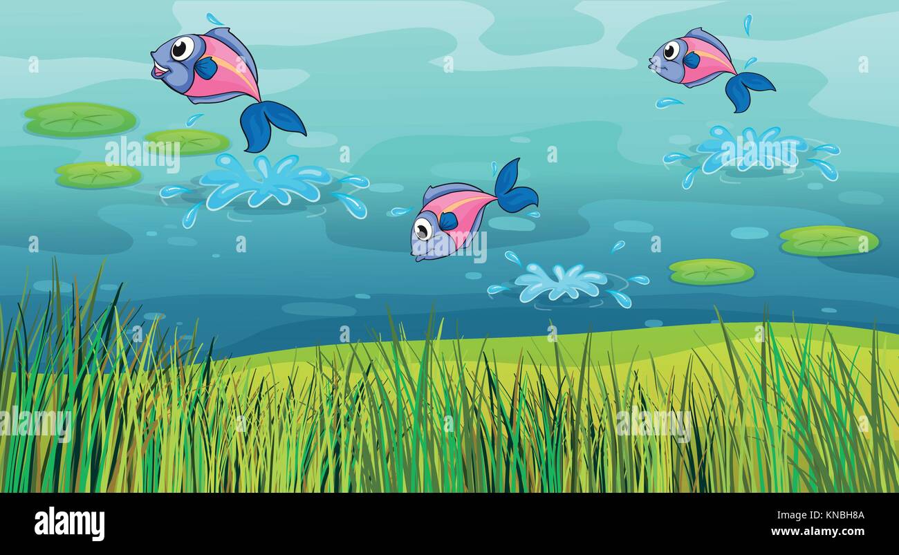 Illustration of a fish in a river and a beautiful landscape Stock ...