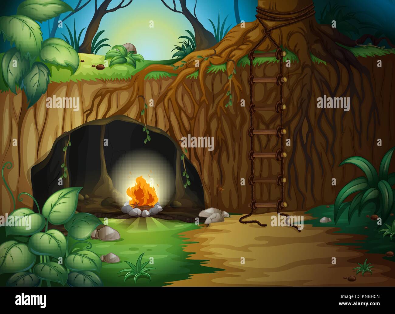 Illustration of a camp fire in a cave in a beautiful nature Stock ...