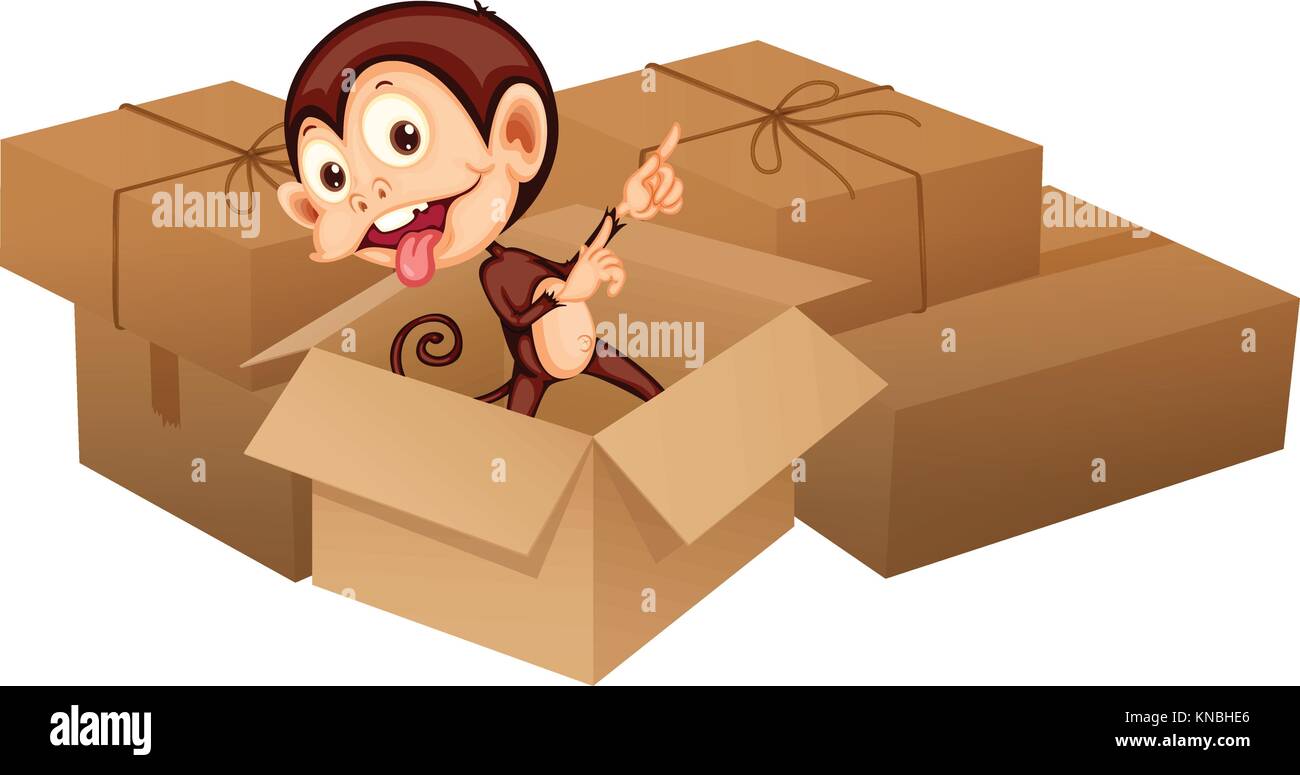 Illustration of a smiling monkey and boxes on a white background Stock ...