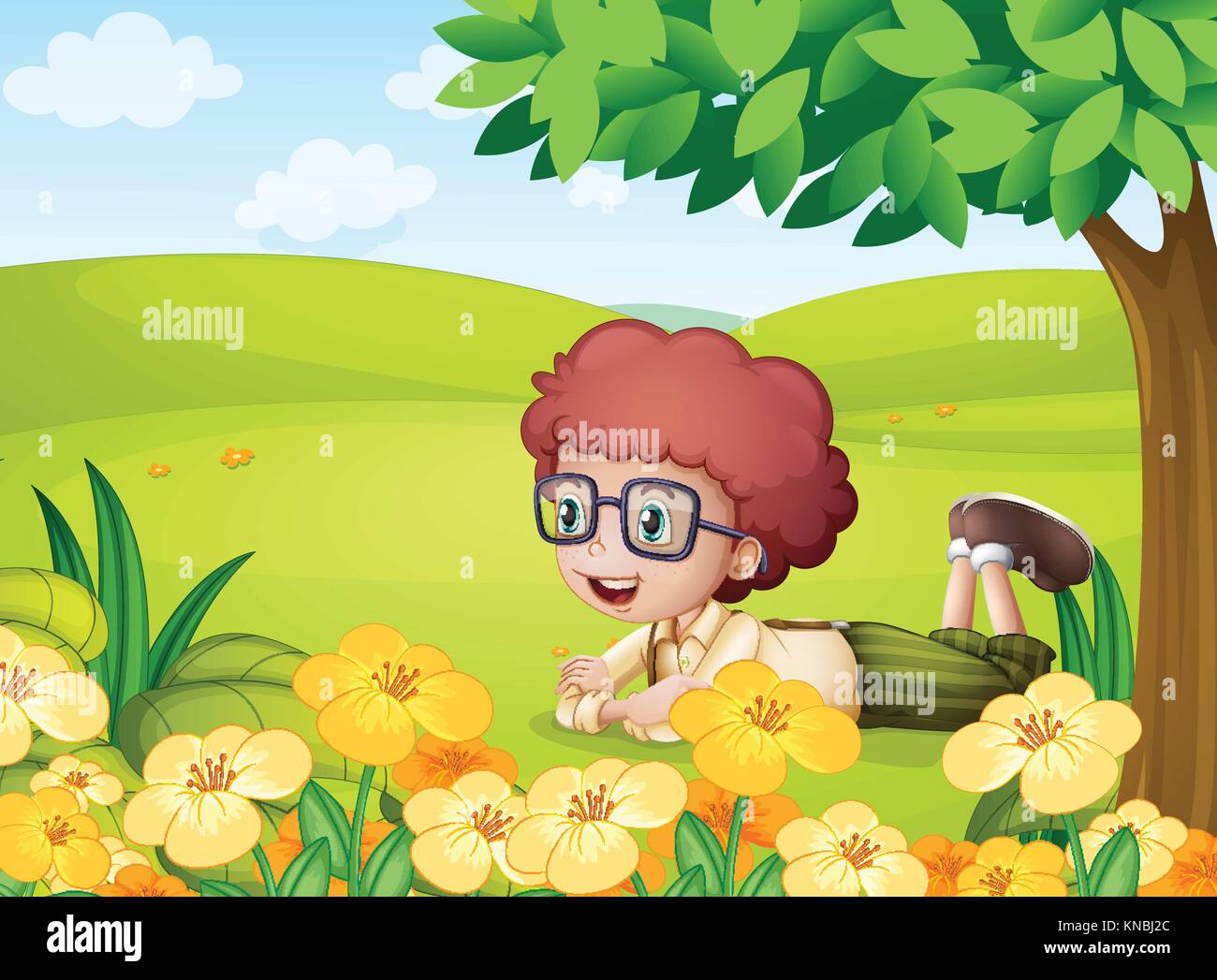 Illustration of a boy relaxing in the hills Stock Vector Image & Art ...