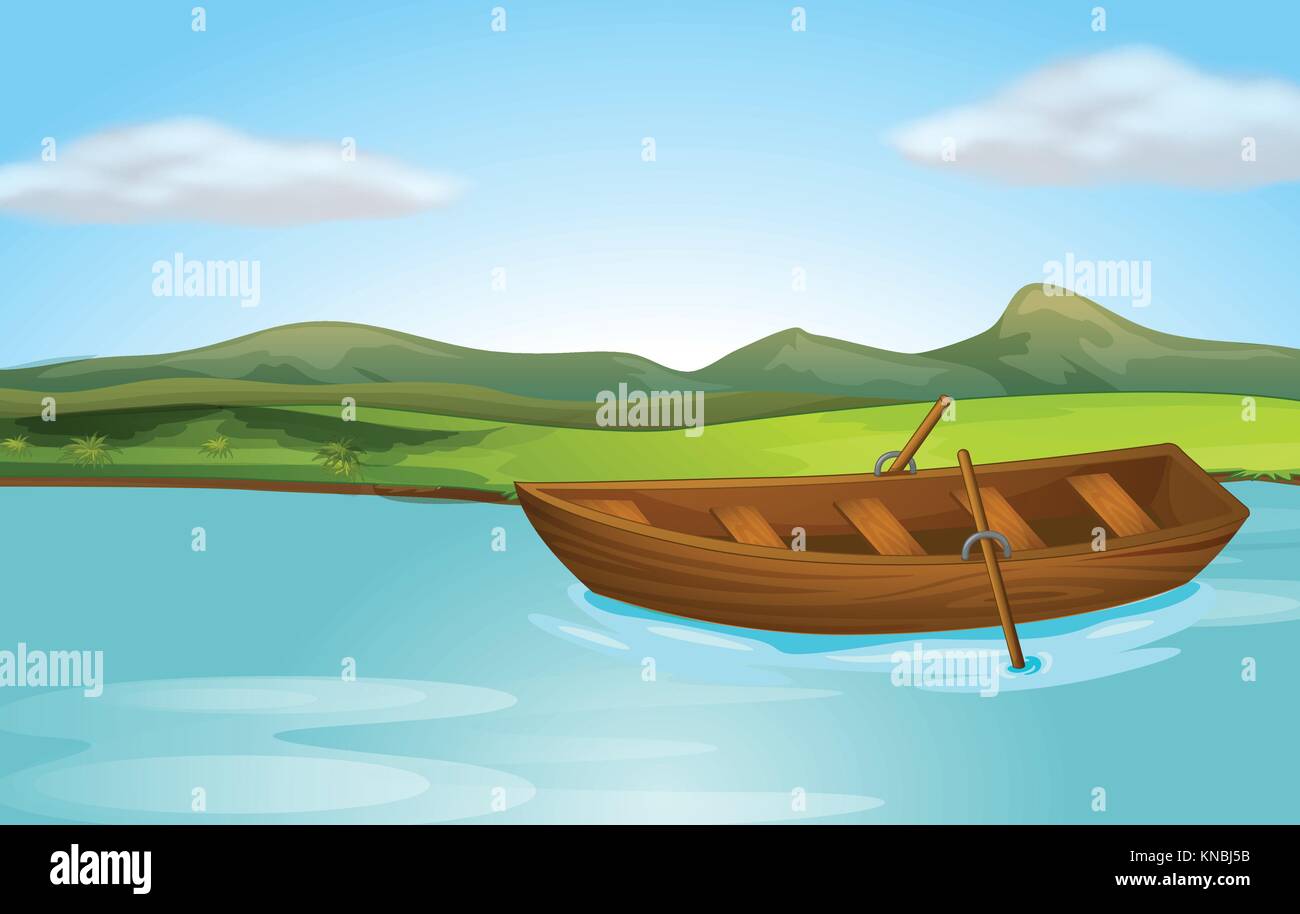Illustration of a river and a boat in a beautiful nature Stock Vector ...
