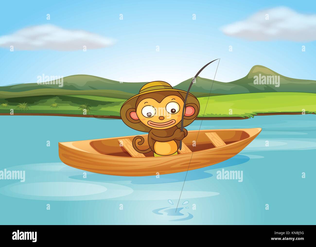 Illustration of a fishing monkey in a beautiful nature Stock Vector ...