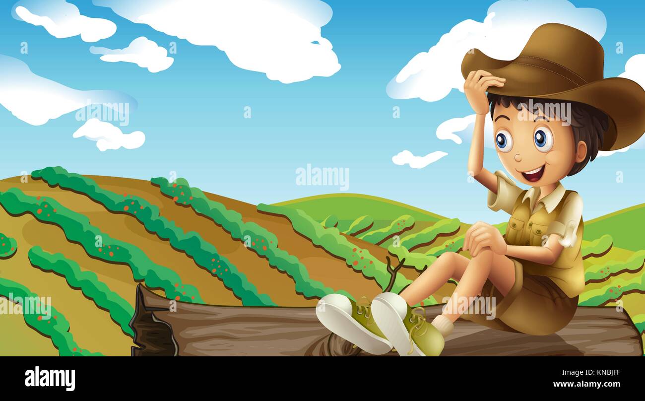 Illustration of a boy sitting on a trunk watching the field Stock ...