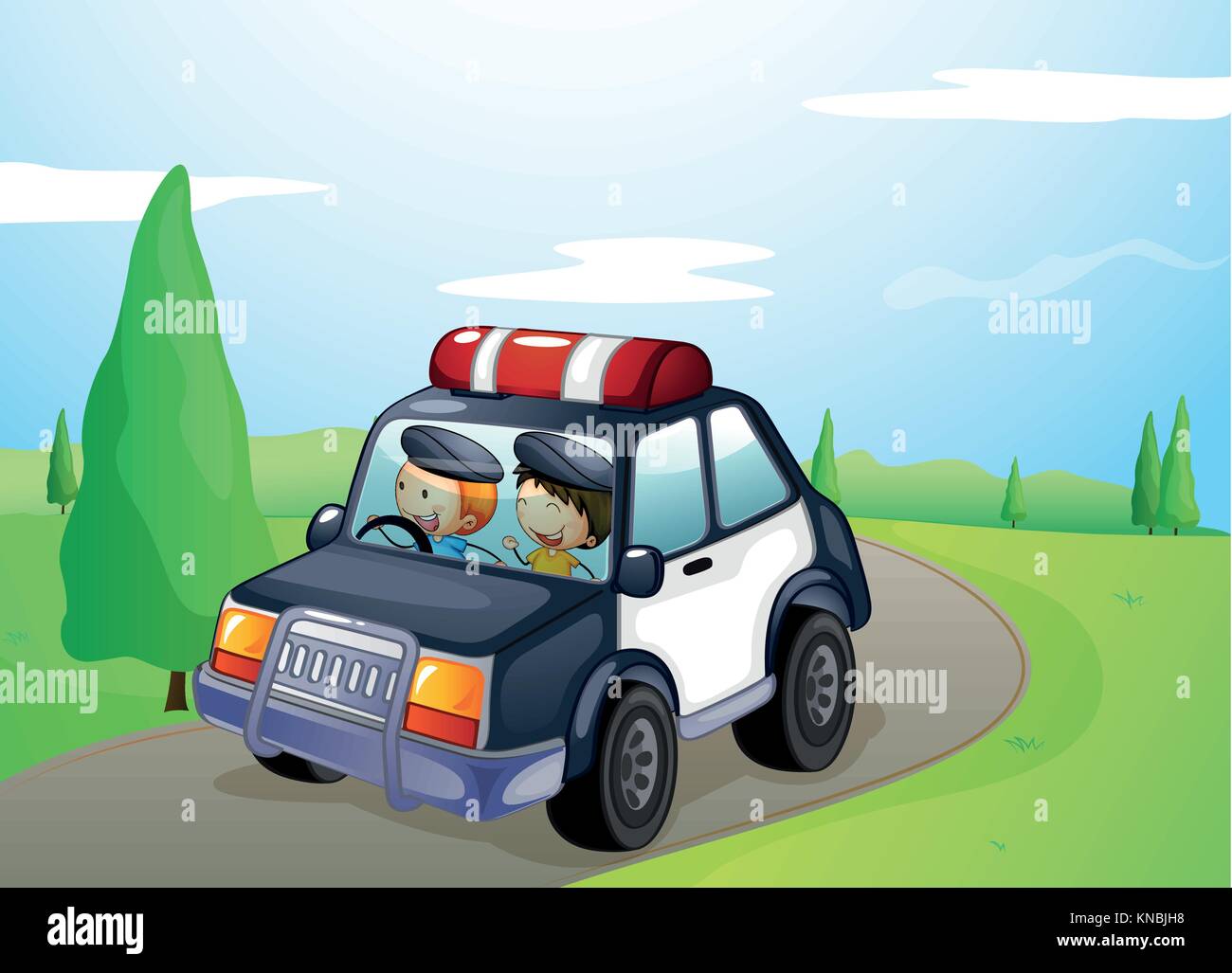 illustration of a car and smiling kids in a beautiful nature Stock ...
