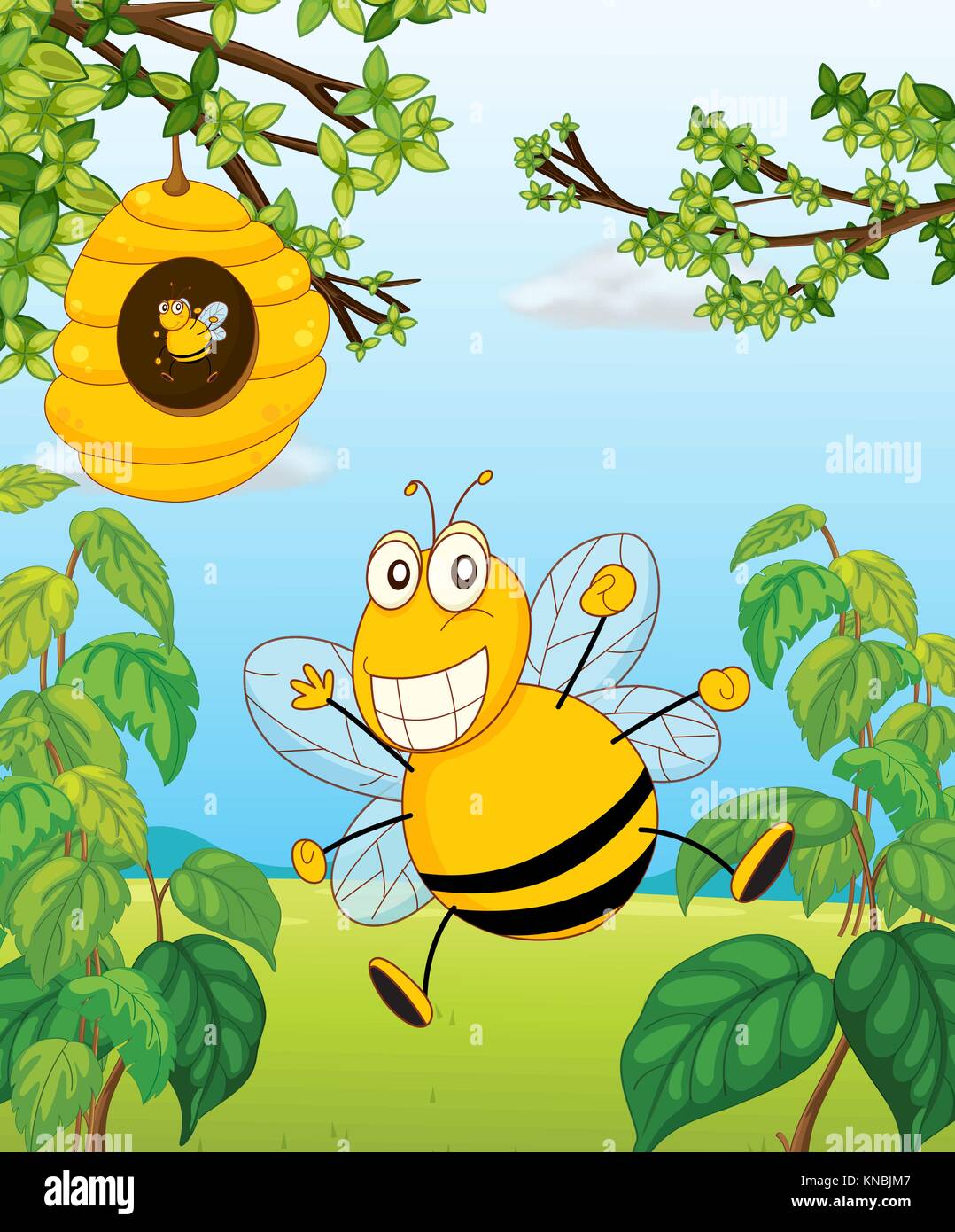 Illustration of a bee and a beehive in the woods Stock Vector Image ...
