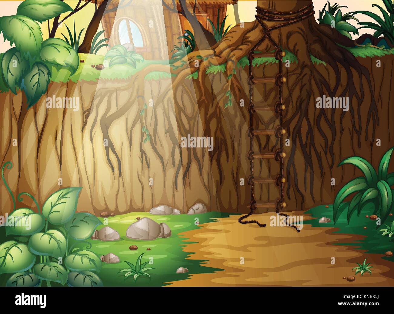Illustration of a corded ladder in the jungle with a cabin in the ...