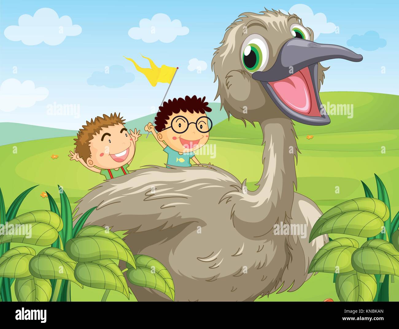 Illustration of two young boys at the back of a big bird Stock Vector ...