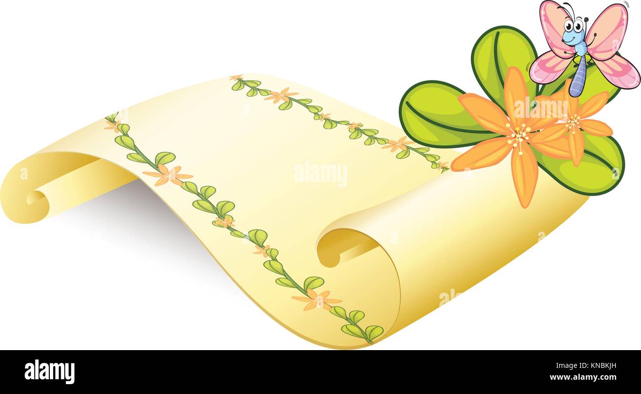 Illustration of a butterfly and a scroll on a white background Stock ...