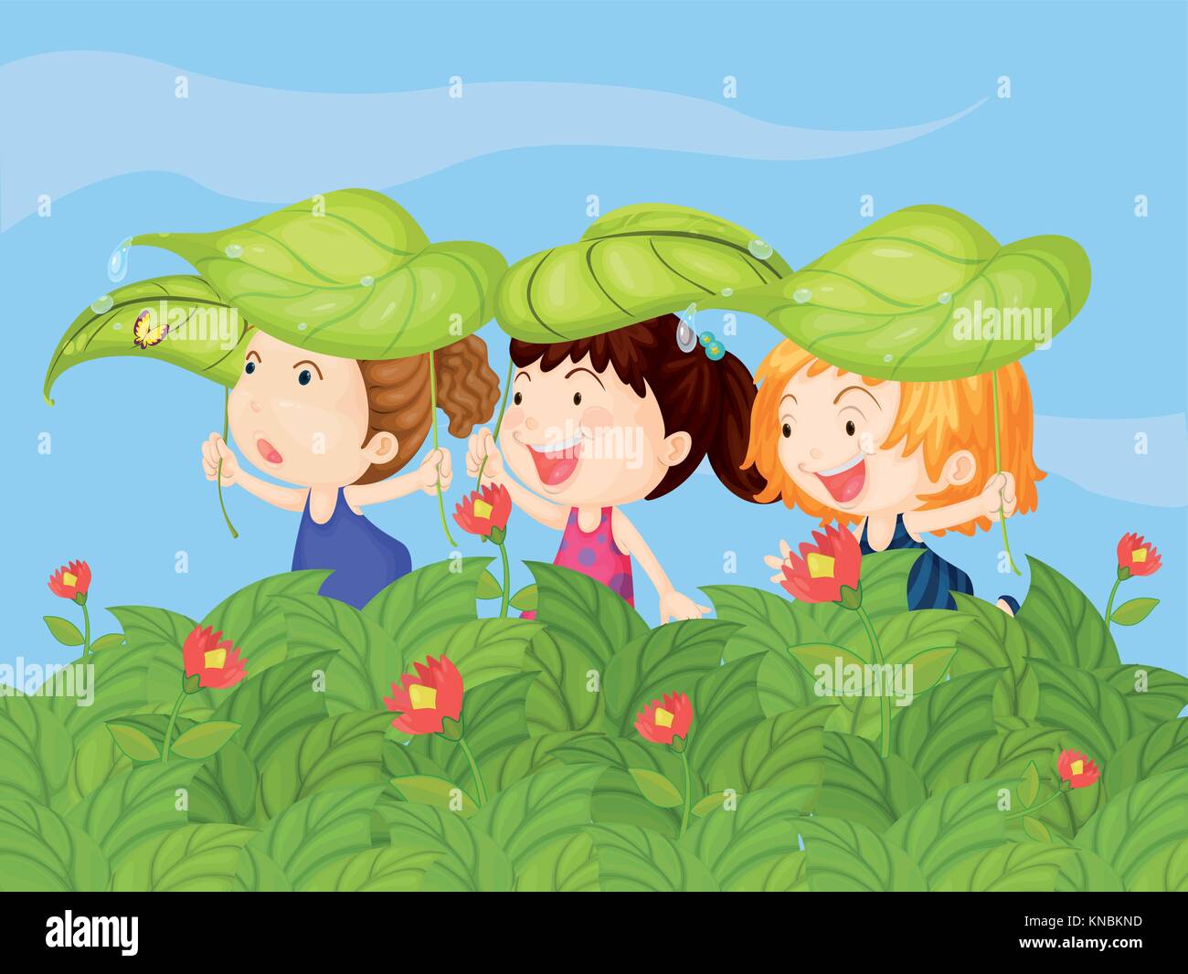 Illustration of three little kids playing in the garden Stock Vector ...