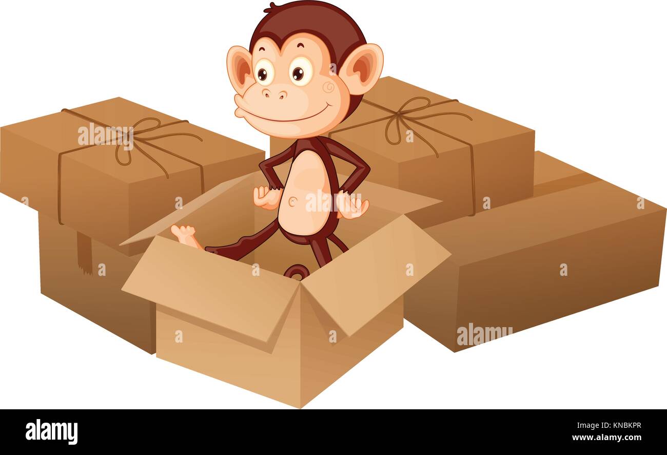 Illustration of a smiling monkey and boxes on a white background Stock ...