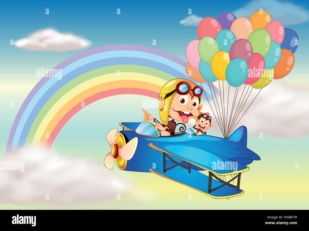 Illustration of two monkeys riding on a plane and a rainbow Stock ...
