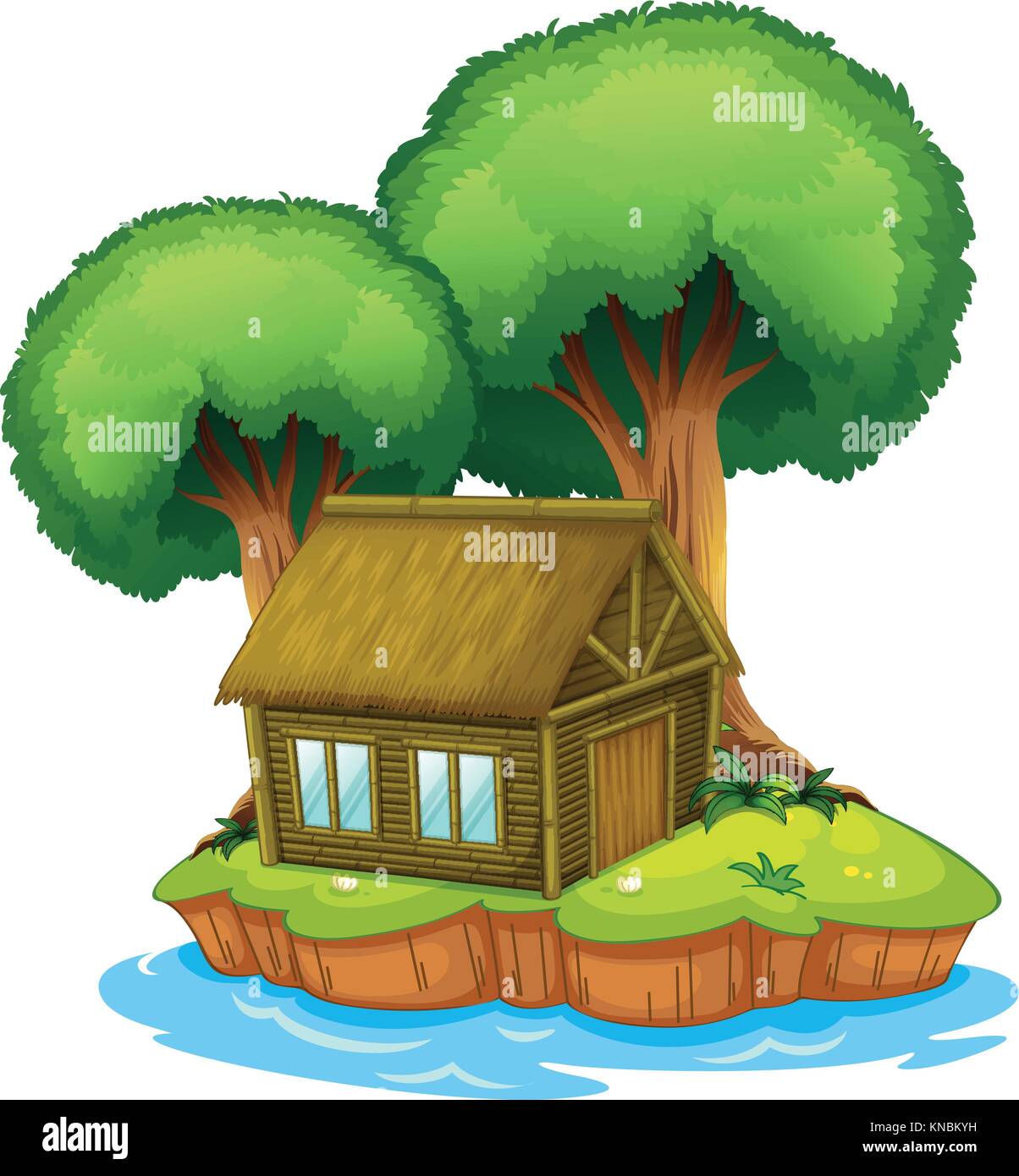 Illustration of a house and a tree on an island on a white background ...