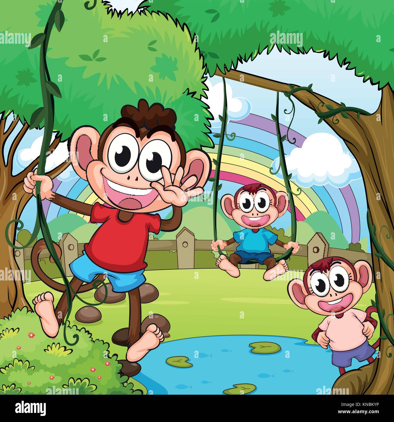 Illustration of playing monkeys and a beautiful rainbow Stock Vector ...