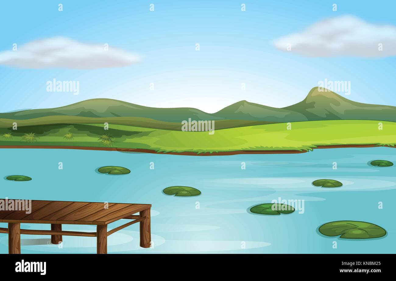 Illustration of a wooden jetty and a river in a beautiful nature Stock ...
