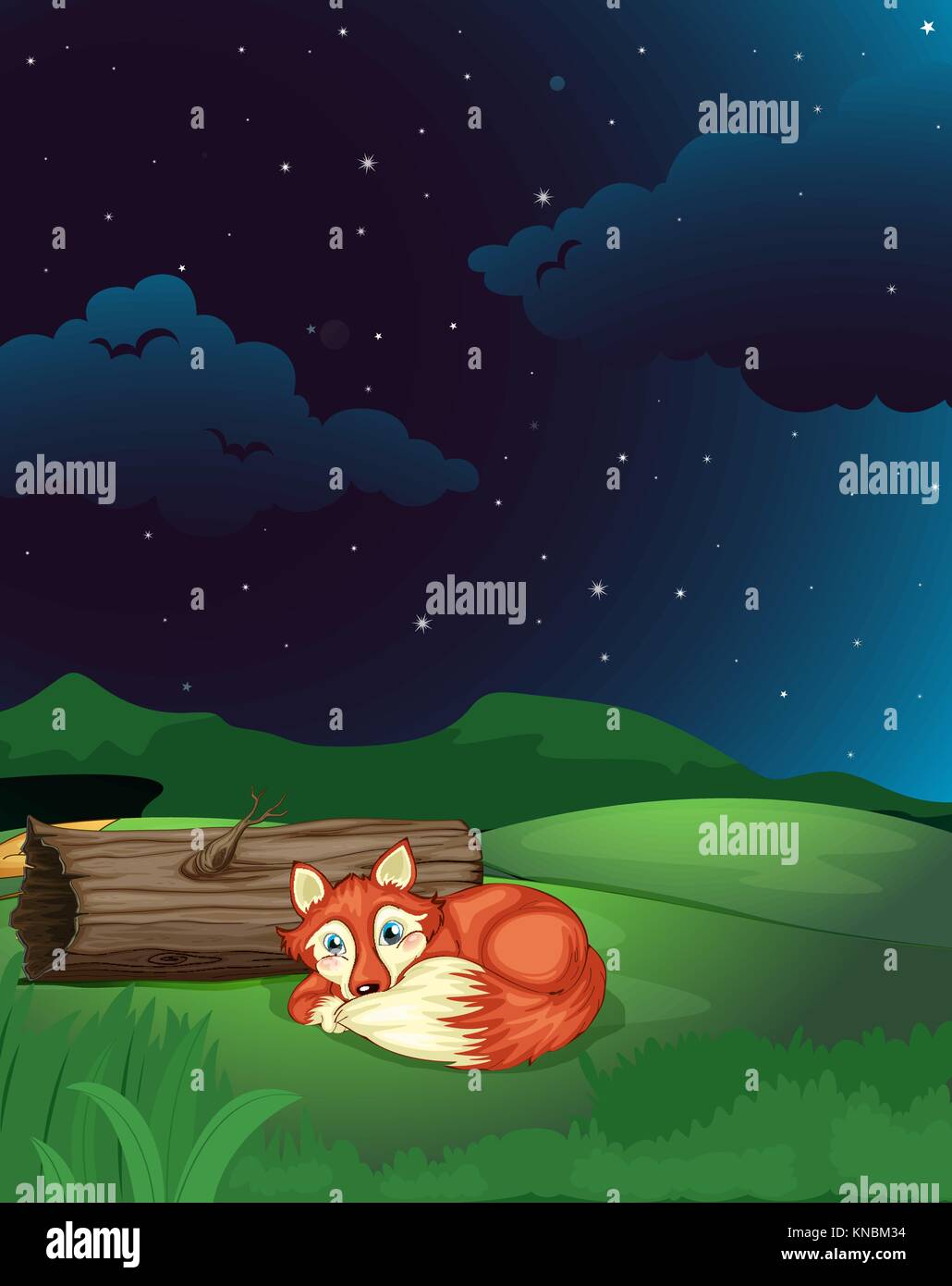 Illustration of a fox lying next to wood in a beautiful dark night ...