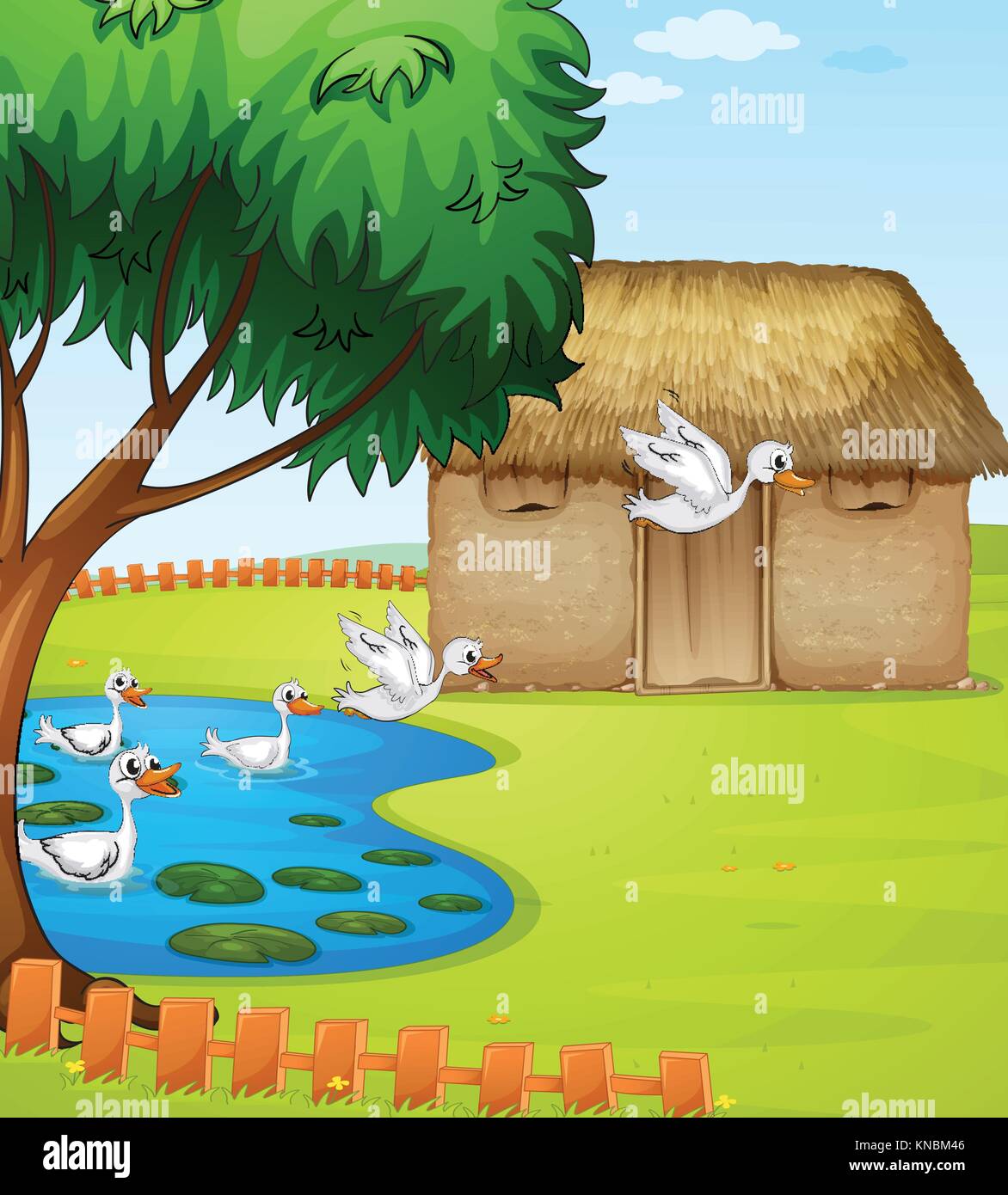 Illustration of ducks, a house and a beautiful landscape Stock Vector ...