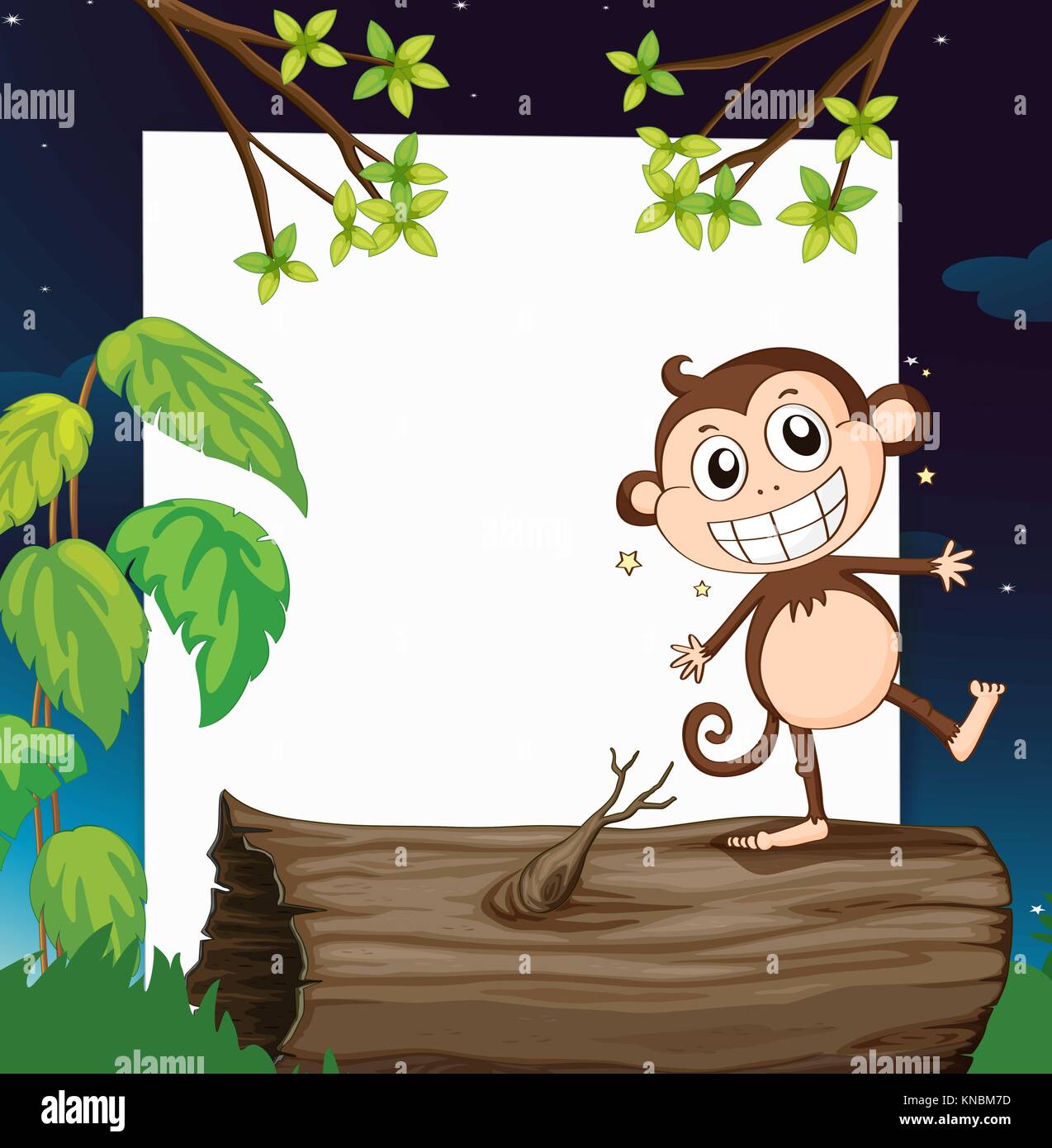 Illustration of a smiling monkey and a white board in a beautiful ...